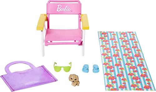 Barbie Accessory Pack Bundle with 3 Accessory Sets Themed to Lounging, Beach Day & Pet Playdate, with 4 Pets and 15 Accessories, Gift for 3 to 7 Year Olds