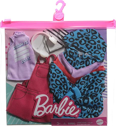 Barbie Fashions 2-Pack Clothing Set, 2 Outfits Doll Include Animal-Print Hoodie Dress, Graphic Top, Red Overalls & 2 Accessories, Guft for Kids 3 to 8 Years Old , Blue