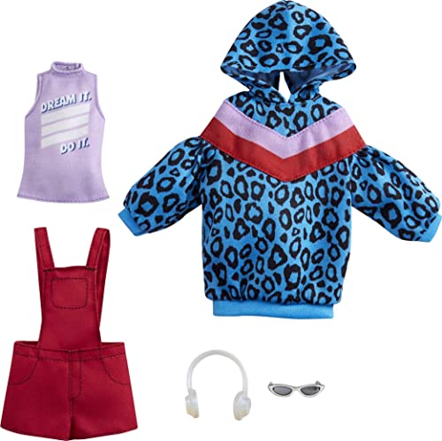 Barbie Fashions 2-Pack Clothing Set, 2 Outfits Doll Include Animal-Print Hoodie Dress, Graphic Top, Red Overalls & 2 Accessories, Guft for Kids 3 to 8 Years Old , Blue