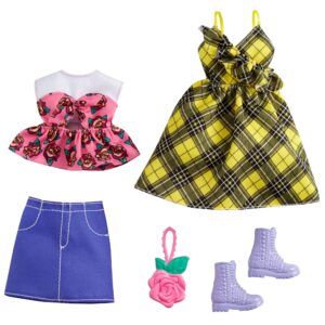 Barbie Fashions 2-Pack Clothing Set, 2 Outfits Doll Include Yellow Plaid Dress, Floral Top, Denim Skirt & 2 Accessories, Gift for Kids 3 to 8 Years Old