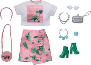 barbie clothing & accessories inspired by jurassic world with 10 storytelling pieces dolls: crop top & mini skirt, ankle boots, purse, clutch sunglasses & more, gift for 3 to 8 year olds