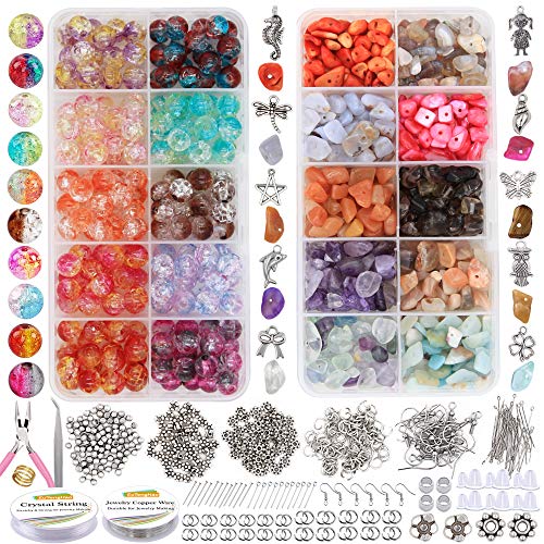 EuTengHao 1458Pcs Irregular Chip Stone Beads Natural Gemstone Beads and Crackle Lampwork Glass Beads 8mm Round Handcrafted Crackle Beads Kit for Bracelet Necklaces Earring Jewelry Making Craft