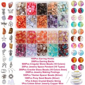 EuTengHao 1458Pcs Irregular Chip Stone Beads Natural Gemstone Beads and Crackle Lampwork Glass Beads 8mm Round Handcrafted Crackle Beads Kit for Bracelet Necklaces Earring Jewelry Making Craft