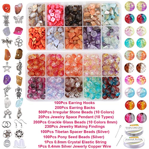 EuTengHao 1458Pcs Irregular Chip Stone Beads Natural Gemstone Beads and Crackle Lampwork Glass Beads 8mm Round Handcrafted Crackle Beads Kit for Bracelet Necklaces Earring Jewelry Making Craft