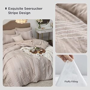 Bedsure Bed in a Bag Queen - Queen Comforter Set 7 Pieces Stripes Seersucker Bedding Set, Soft Lightweight Down Alternative Comforter, Queen Bed Set (Khaki, Queen 88 x 88 Inch)