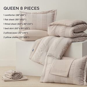 Bedsure Bed in a Bag Queen - Queen Comforter Set 7 Pieces Stripes Seersucker Bedding Set, Soft Lightweight Down Alternative Comforter, Queen Bed Set (Khaki, Queen 88 x 88 Inch)