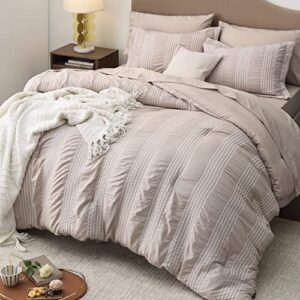 Bedsure Bed in a Bag Queen - Queen Comforter Set 7 Pieces Stripes Seersucker Bedding Set, Soft Lightweight Down Alternative Comforter, Queen Bed Set (Khaki, Queen 88 x 88 Inch)