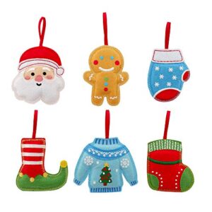 christmas ornaments - set of 6 plush felt handmade hanging decorations in santa, gingerbread man, mitten, elf shoe, ugly sweater, stocking design for trees and advent calendars - approx. 3.5" each