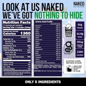 NAKED nutrition Chocolate Naked Mass - All Natural Chocolate Weight Gainer Protein Powder - 8Lb Bulk, GMO Free, Gluten Free & Soy Free. No Artificial Ingredients - 1,360 Calories - 11 Servings