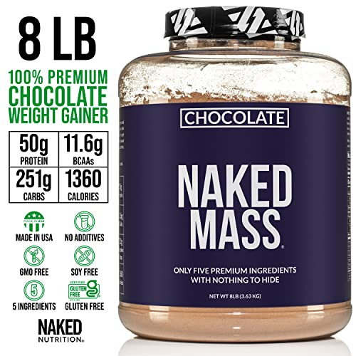 NAKED nutrition Chocolate Naked Mass - All Natural Chocolate Weight Gainer Protein Powder - 8Lb Bulk, GMO Free, Gluten Free & Soy Free. No Artificial Ingredients - 1,360 Calories - 11 Servings