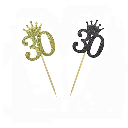 Morndew 24 PCS Gold Black Glitter Crown 30 Cupcake Toppers for 30th Birthday Party Thirty Wedding Anniversary Celebration Party Retirement Party Decorations