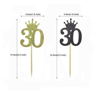 Morndew 24 PCS Gold Black Glitter Crown 30 Cupcake Toppers for 30th Birthday Party Thirty Wedding Anniversary Celebration Party Retirement Party Decorations