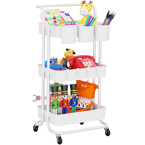 LEHOM 3-Tier Rolling Utility Cart with Hanging Cups & Hooks & Handle, Plastic Art Cart Organizer Storage with Wheels, Easy Assembly for Office, Bedroom, Kitchen, Bathroom, Laundry (White)