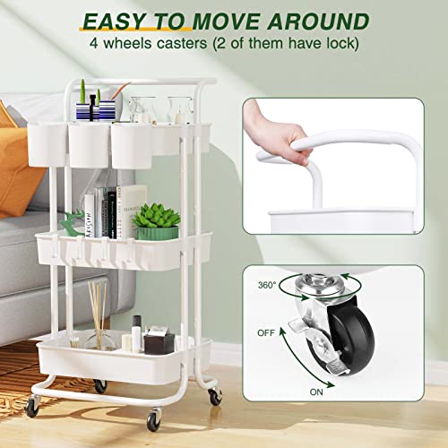 LEHOM 3-Tier Rolling Utility Cart with Hanging Cups & Hooks & Handle, Plastic Art Cart Organizer Storage with Wheels, Easy Assembly for Office, Bedroom, Kitchen, Bathroom, Laundry (White)