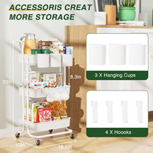 LEHOM 3-Tier Rolling Utility Cart with Hanging Cups & Hooks & Handle, Plastic Art Cart Organizer Storage with Wheels, Easy Assembly for Office, Bedroom, Kitchen, Bathroom, Laundry (White)