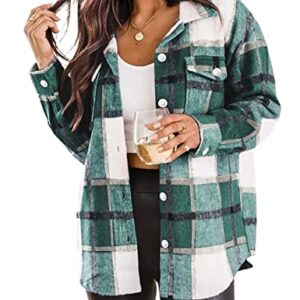 Tanming Womens Brushed Flannel Plaid Lapel Button Short Pocketed Shacket Shirts Coats（01 Green-M）