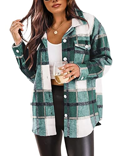 Tanming Womens Brushed Flannel Plaid Lapel Button Short Pocketed Shacket Shirts Coats（01 Green-M）