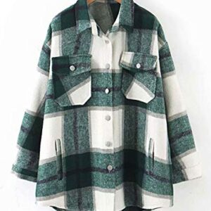 Tanming Womens Brushed Flannel Plaid Lapel Button Short Pocketed Shacket Shirts Coats（01 Green-M）