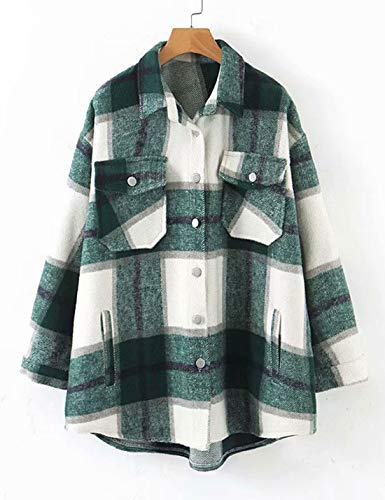 Tanming Womens Brushed Flannel Plaid Lapel Button Short Pocketed Shacket Shirts Coats（01 Green-M）