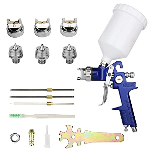 HVLP Spray Gun with Replaceable 1.4mm 1.7mm 2.0mm Nozzles Needle Cap Automotive Air Paint Sprayer Gun Kit with 600cc Capacity Cup for Car Primer,Furniture Surface Spraying,Wall Painting,Base Coatings