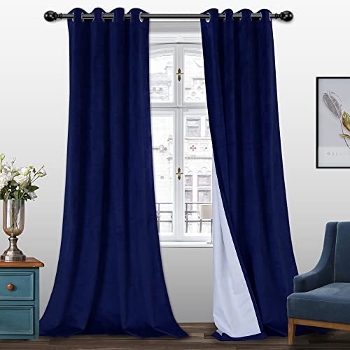 BONZER 100% Blackout Curtains for Bedroom - Premium Thick Velvet Curtains 84 Inches Long Thermal Insulated Energy Saving, Sun Light Blocking Grommet Window Drapes for Living Room, 2 Panels, Navy