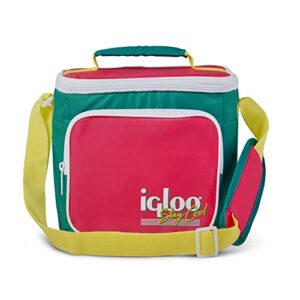 igloo 90s retro collection square lunch box cooler with front pocket and adjustable strap, neon