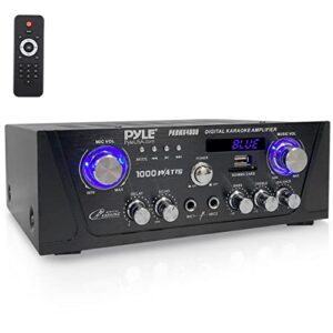 pyle bluetooth digital home karaoke amplifier - 600w home audio desktop power amplifier receiver w/led display, cooling fan, usb/sd memory card reader, optical/coaxial, dvd/mic inputs -pkrmx4000