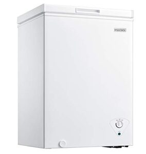 igloo 3.5 cu. ft. chest freezer with removable basket and front defrost water drain,  small deep freezer perfect for homes, garages, and rvs, white