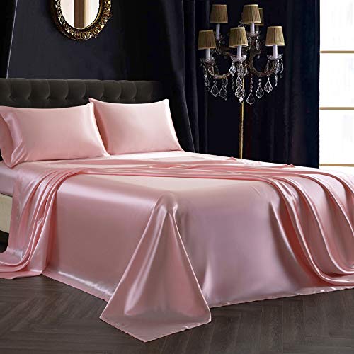 SiinvdaBZX 4Pcs Satin Sheet Set Full Size Ultra Silky Soft Blush Pink Satin Full Bed Sheets with Deep Pocket, 1 Fitted Sheet, 1 Flat Sheet, 2 Envelope Closure Pillowcases