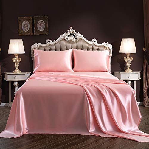 SiinvdaBZX 4Pcs Satin Sheet Set Full Size Ultra Silky Soft Blush Pink Satin Full Bed Sheets with Deep Pocket, 1 Fitted Sheet, 1 Flat Sheet, 2 Envelope Closure Pillowcases