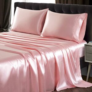 SiinvdaBZX 4Pcs Satin Sheet Set Full Size Ultra Silky Soft Blush Pink Satin Full Bed Sheets with Deep Pocket, 1 Fitted Sheet, 1 Flat Sheet, 2 Envelope Closure Pillowcases