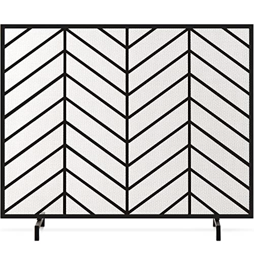 Best Choice Products 38x31in Single Panel Handcrafted Wrought Iron Mesh Chevron Fireplace Screen, Fire Spark Guard for Living Room, Bedroom Décor w/Distressed Antique Finish - Satin Black