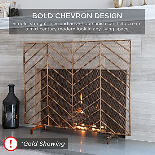 Best Choice Products 38x31in Single Panel Handcrafted Wrought Iron Mesh Chevron Fireplace Screen, Fire Spark Guard for Living Room, Bedroom Décor w/Distressed Antique Finish - Satin Black