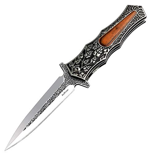 AuRiver Folding Knife, Stainless Steel Pocket Knife with Retro Emboss Patterns and Pocket Clip on Handles, Folding Knives for Camping, Fishing or Favorites