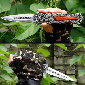 AuRiver Folding Knife, Stainless Steel Pocket Knife with Retro Emboss Patterns and Pocket Clip on Handles, Folding Knives for Camping, Fishing or Favorites