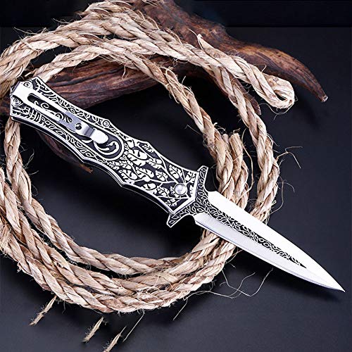 AuRiver Folding Knife, Stainless Steel Pocket Knife with Retro Emboss Patterns and Pocket Clip on Handles, Folding Knives for Camping, Fishing or Favorites