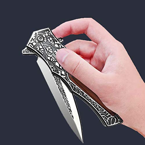 AuRiver Folding Knife, Stainless Steel Pocket Knife with Retro Emboss Patterns and Pocket Clip on Handles, Folding Knives for Camping, Fishing or Favorites