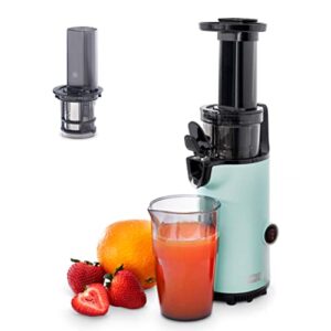 dash deluxe compact masticating slow juicer, easy to clean cold press juicer with brush, pulp measuring cup, frozen attachment and juice recipe guide - aqua