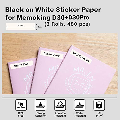 D30 Label - Label Maker Paper Pure White Label Thermal Printer Paper Self-Adhesive 14x40mm/0.55x1.57inch for Name Price Folder Storage, Compatible with Memoking/Phomemo D30 Label Maker, 3 Rolls