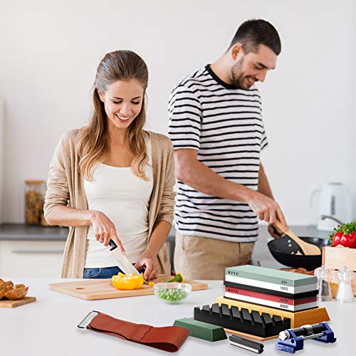 Knife Sharpening Stone Set,4 Side Grit 400/1000 3000/8000 Water Stone,Whetstone Kit with Non-slip Bamboo Base,Flattening Stone,Angle Guide,Leather Strop,Polishing Compound and Honing Guide.