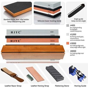 Knife Sharpening Stone Set,4 Side Grit 400/1000 3000/8000 Water Stone,Whetstone Kit with Non-slip Bamboo Base,Flattening Stone,Angle Guide,Leather Strop,Polishing Compound and Honing Guide.