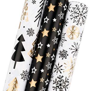 MAYPLUSS Wrapping Paper Roll - Mini Roll - 17 inch X 120 inch Per roll - 3 Different Christmas Black Gold Design (42.3 sq.ft.ttl)