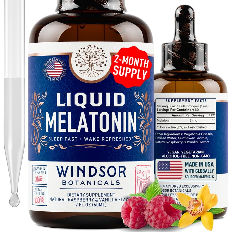 Liquid Melatonin 3mg Drops for Adults and Kids - Max Strength, Sleep Fast, Wake Fresh Sublingual - Vegan Kids Melatonin Liquid for Children Ages 6 and Up - Raspberry Vanilla Flavor Tincture - 2 oz