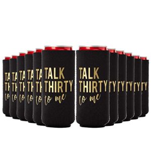 talk thirty to me can coolers, 30th birthday party coolies, set of 12, black/white/pink and gold thirtieth birthday cup coolers, perfect for birthday parties, birthday decorations (black, slim)