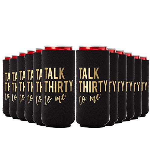 Talk Thirty To Me Can Coolers, 30th Birthday Party Coolies, Set of 12, Black/White/Pink and Gold Thirtieth Birthday Cup Coolers, Perfect for Birthday Parties, Birthday Decorations (Black, Slim)