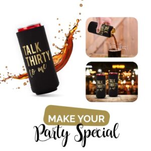 Talk Thirty To Me Can Coolers, 30th Birthday Party Coolies, Set of 12, Black/White/Pink and Gold Thirtieth Birthday Cup Coolers, Perfect for Birthday Parties, Birthday Decorations (Black, Slim)