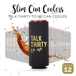 Talk Thirty To Me Can Coolers, 30th Birthday Party Coolies, Set of 12, Black/White/Pink and Gold Thirtieth Birthday Cup Coolers, Perfect for Birthday Parties, Birthday Decorations (Black, Slim)