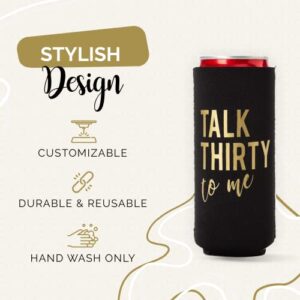 Talk Thirty To Me Can Coolers, 30th Birthday Party Coolies, Set of 12, Black/White/Pink and Gold Thirtieth Birthday Cup Coolers, Perfect for Birthday Parties, Birthday Decorations (Black, Slim)