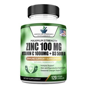 zinc 100mg, vitamin c 1000mg, vitamin d 5000iu per serving, immune support for adults, immune system booster supplements, non gmo, no filler, no stearate, 120 vegan capsules, 60 day supply