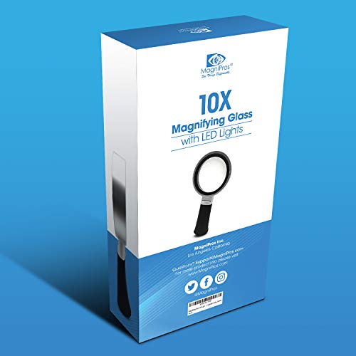 MagniPros Extra Large 10X Magnifying Glass with Detachable Lenses- 3 Light Modes Reading Magnifier with Self-Standing Handle for Hobbyists, AMD, Reading Fine Print, Seniors, Inspection, Coin, Jewelry